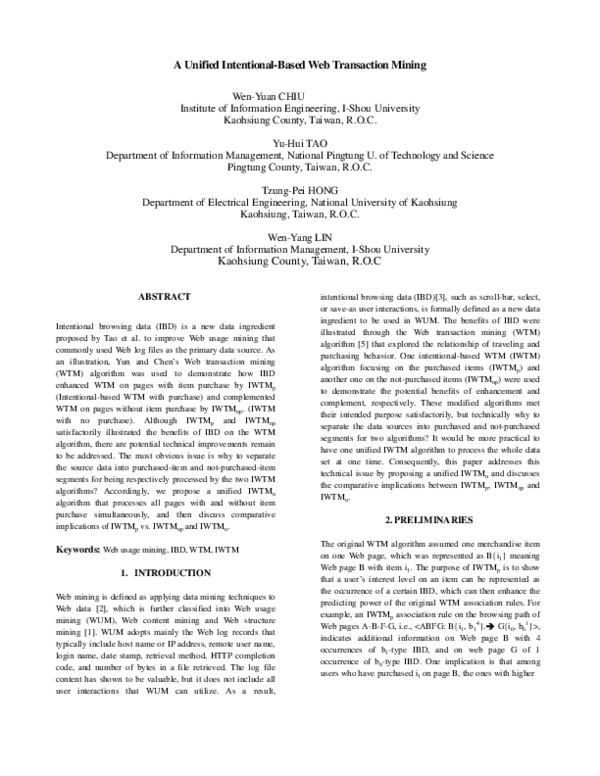 Pdf A Unified Intentional Based Web Transaction Mining Wen Yang Lin 
