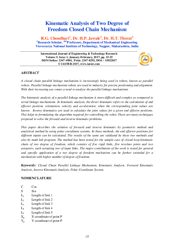 (PDF) Kinematic Analysis of Two Degree of Freedom Closed Chain Mechanism