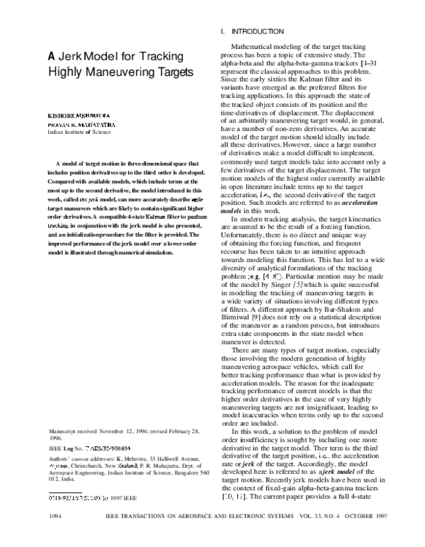 (PDF) A jerk model for tracking highly maneuvering targets