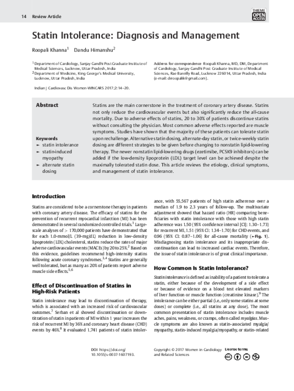 (PDF) Statin Intolerance: Diagnosis and Management | Roopali Khanna ...