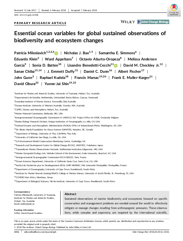 (PDF) Essential ocean variables for global sustained observations of biodiversity and ecosystem ...