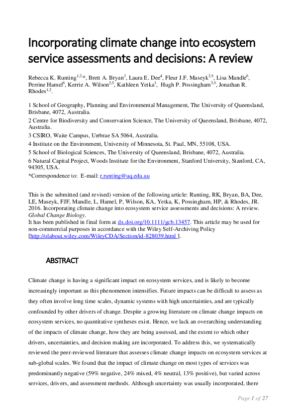 (PDF) Incorporating climate change into ecosystem service assessments ...