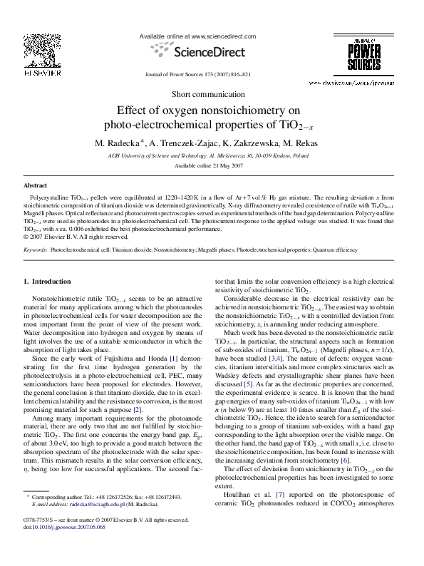 (PDF) Effect of oxygen nonstoichiometry on photo-electrochemical properties of TiO2−x