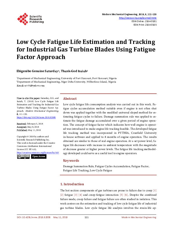 (PDF) Low Cycle Fatigue Life Estimation and Tracking for Industrial Gas ...