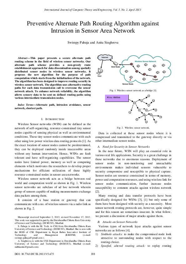 Pdf Preventive Alternate Path Routing Algorithm Against Intrusion In Sensor Area Network