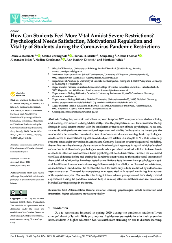 (PDF) How Can Students Feel More Vital Amidst Severe Restrictions ...