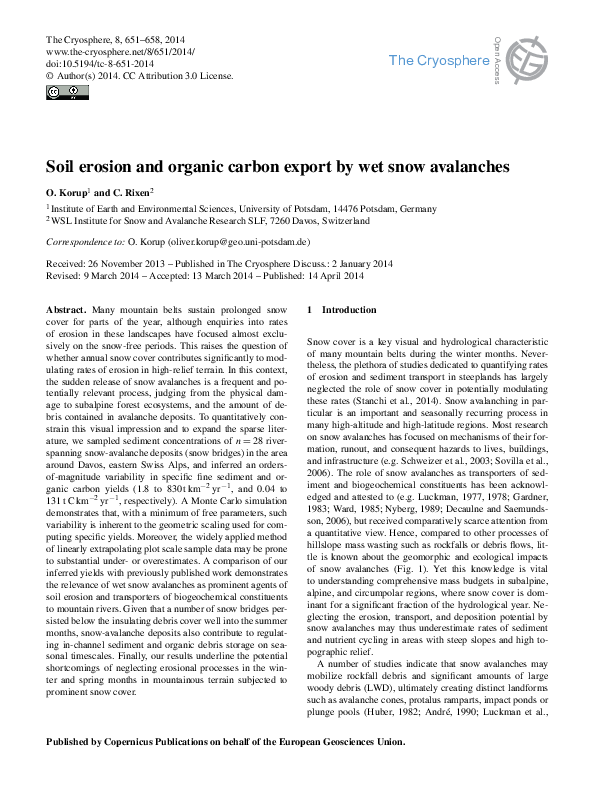 (PDF) Soil erosion and organic carbon export by wet snow avalanches