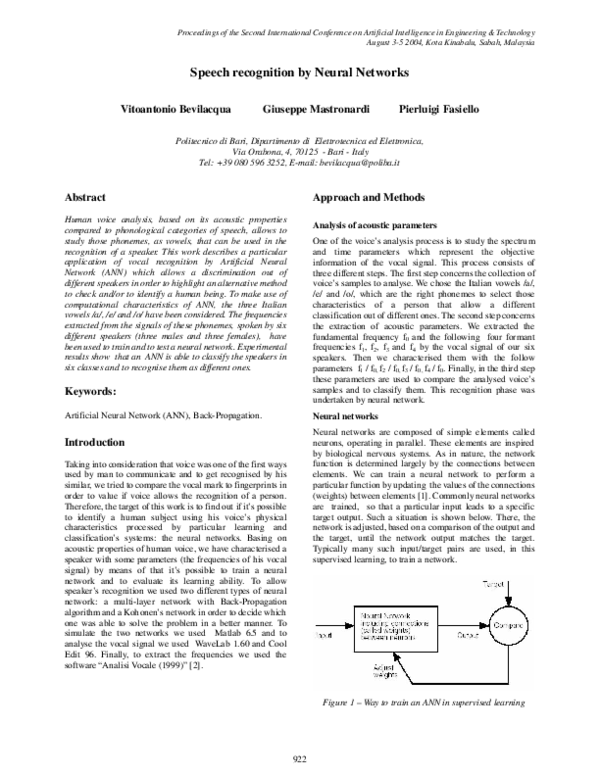 (PDF) Speech recognition by Neural Networks