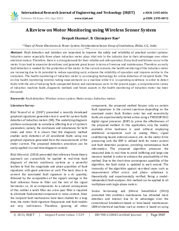 (PDF) IRJET- A Review on Motor Monitoring using Wireless Sensor System