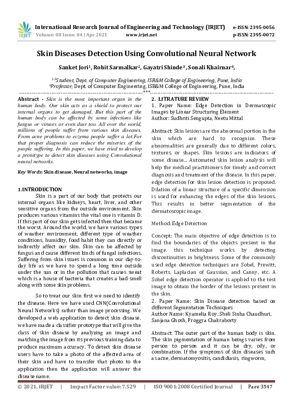 (PDF) IRJET- Skin Diseases Detection Using Convolutional Neural Network