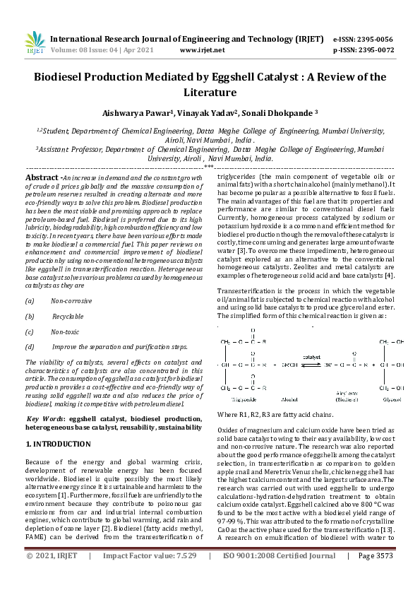 (PDF) IRJET- Biodiesel Production Mediated by Eggshell Catalyst : A ...