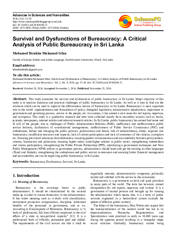 (PDF) Survival and Dysfunctions of Bureaucracy: A Critical Analysis of ...