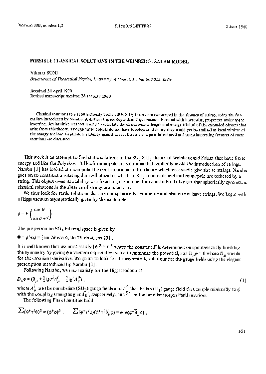 (PDF) Possible classical solutions in the Weinberg-Salam model