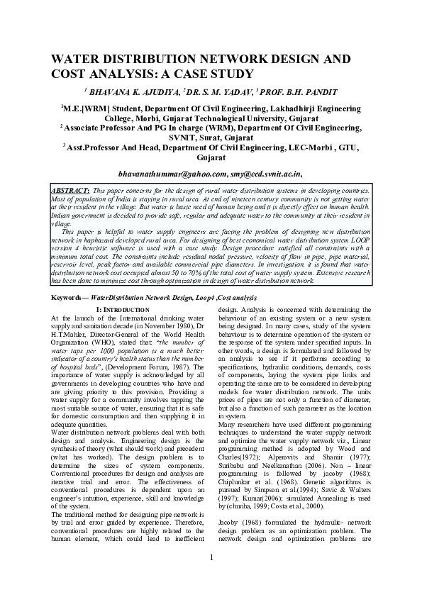 (PDF) Water Distribution Network Design and Cost Analysis: A Case Study 1