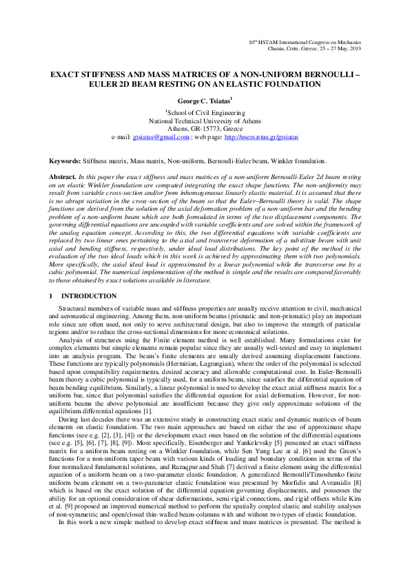 Pdf Exact Stiffness And Mass Matrices Of A Non Uniform Bernoulli Euler 2d Beam Resting On An
