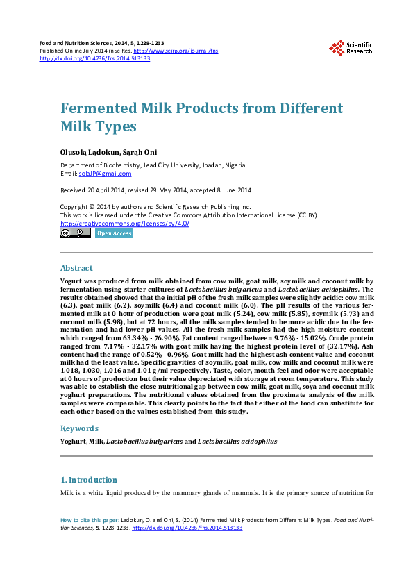 (PDF) Fermented Milk Products from Different Milk Types