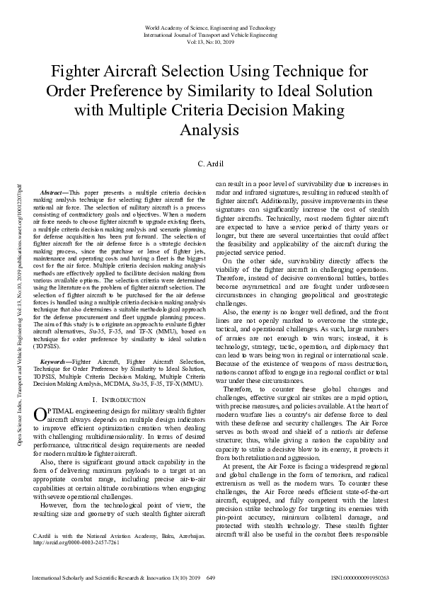 (PDF) Fighter Aircraft Selection Using Technique for Order Preference by Similarity to Ideal ...