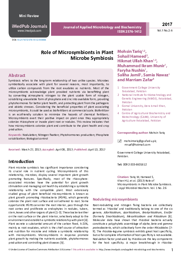 (PDF) Role of Microsymbionts in Plant Microbe Symbiosis
