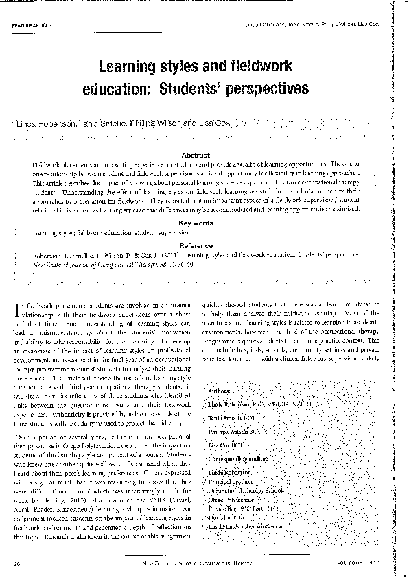 (PDF) Learning Styles and Fieldwork Education: Students' Perspectives