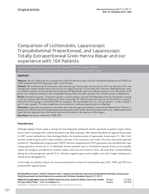 (PDF) Comparison Of Lichtenstein, Laparoscopic Transabdominal Preperitoneal And Laparoscopic ...