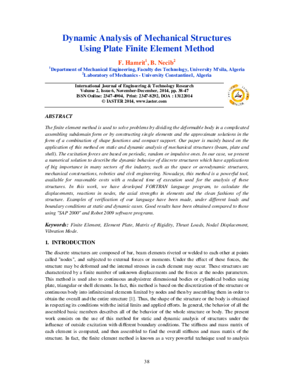 (PDF) Dynamic Analysis of Mechanical Structures Using Plate Finite Element Method