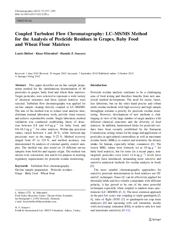 (PDF) Coupled Turbulent Flow Chromatography: LC–MS/MS Method for the Analysis of Pesticide ...