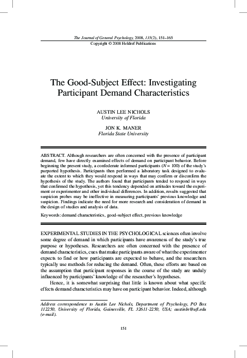 (PDF) The good-subject effect: investigating participant demand ...
