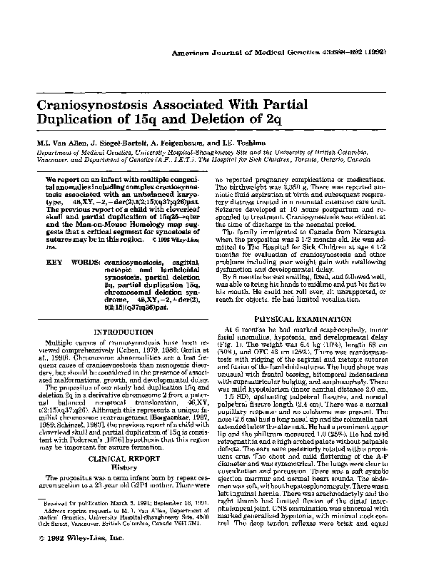 (PDF) Craniosynostosis associated with partial duplication of 15q and ...