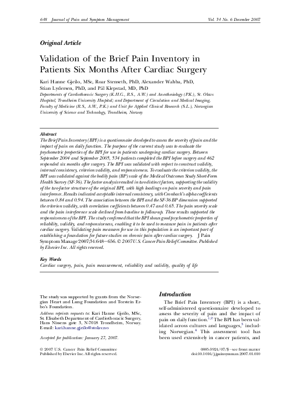 (PDF) Validation of the Brief Pain Inventory in Patients Six Months ...
