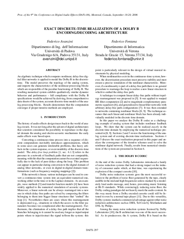(PDF) Exact Discrete-Time Realization of a Dolby B Encoding/Decoding Architecture