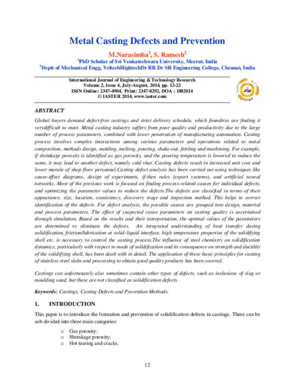 (PDF) Metal Casting Defects and Prevention