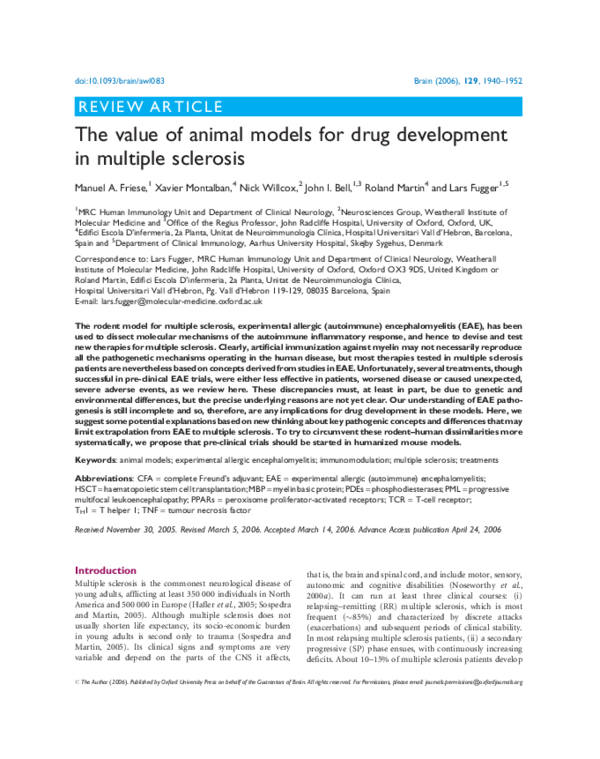 (PDF) The value of animal models for drug development in multiple sclerosis
