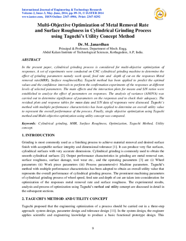 (PDF) Multi-Objective Optimization of Metal Removal Rate and Surface Roughness in Cylindrical ...