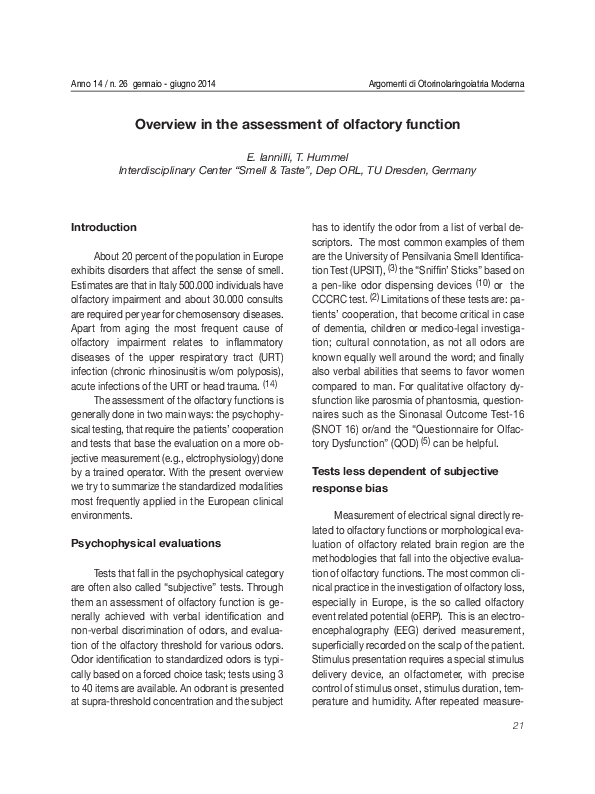 Pdf Overview In The Assessment Of Olfactory Function