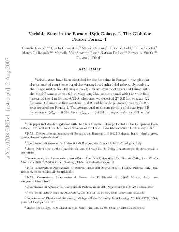 (PDF) Variable Stars in the Fornax dSph Galaxy. I. The Globular Cluster ...