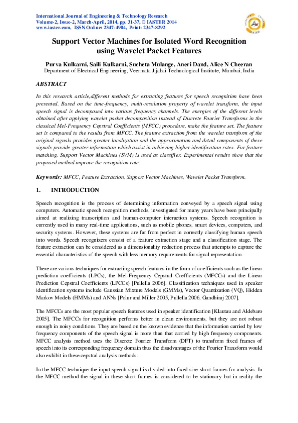 (PDF) Support Vector Machines for Isolated Word Recognition using Wavelet Packet Features