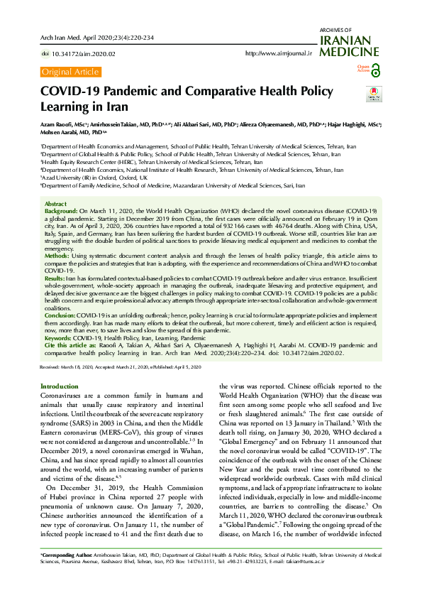 (PDF) COVID-19 Pandemic and Comparative Health Policy Learning in Iran