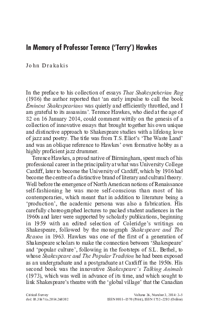 (PDF) In Memory of Professor Terence ('Terry') Hawkes