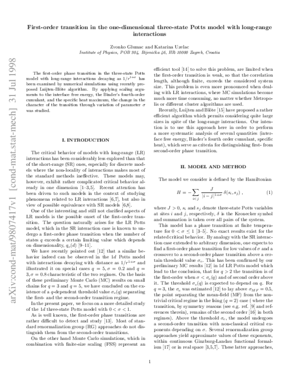 Pdf First Order Transition In The One Dimensional Three State Potts Model With Long Range