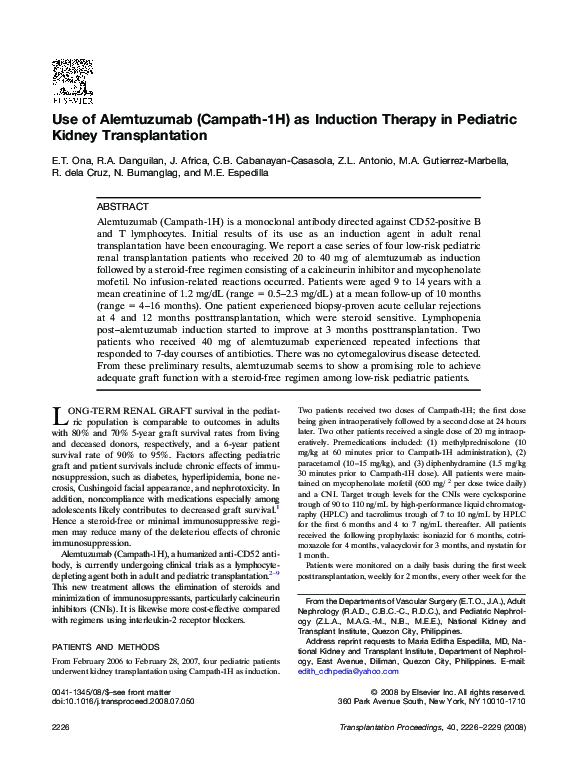 (PDF) Use of Alemtuzumab (Campath-1H) as Induction Therapy in Pediatric ...