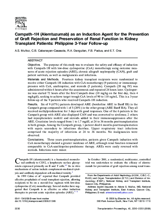 (PDF) Campath-1H (Alemtuzumab) as an Induction Agent for the Prevention ...