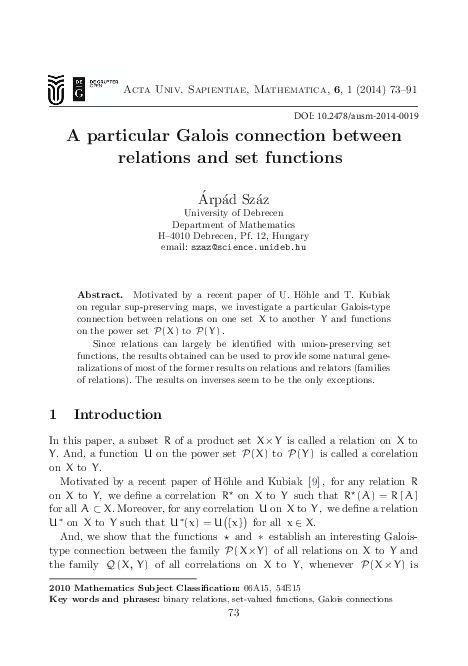 (PDF) A particular Galois connection between relations and set functions