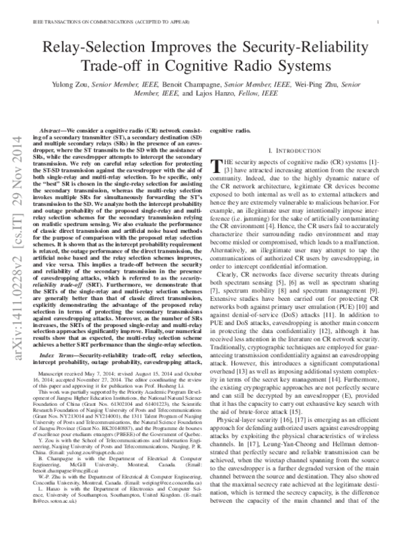 (PDF) Relay-selection improves the security-reliability trade-off in cognitive radio systems