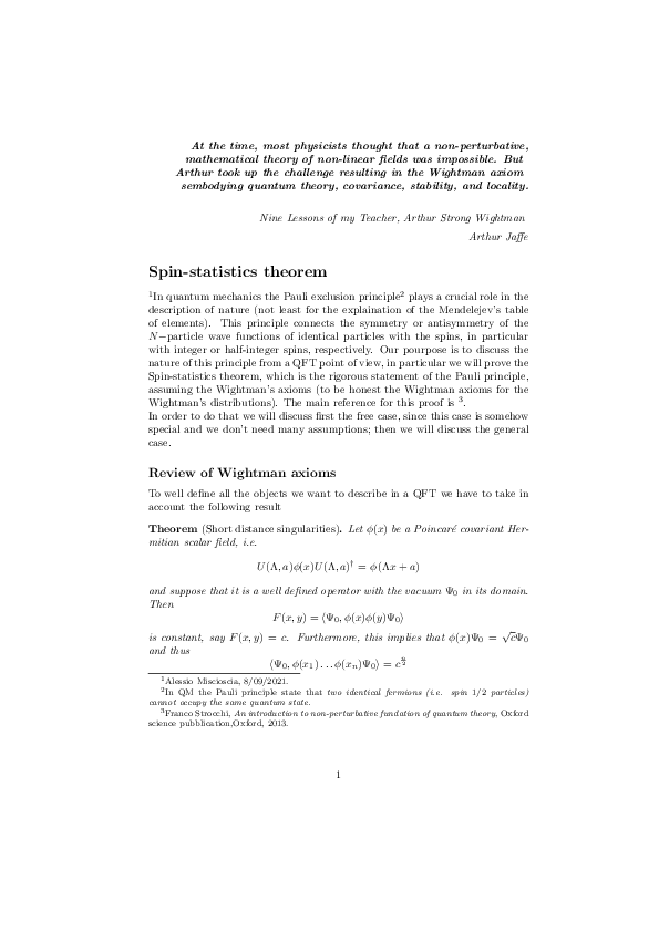 (PDF) Spin-statistics theorem from Wightman's axioms