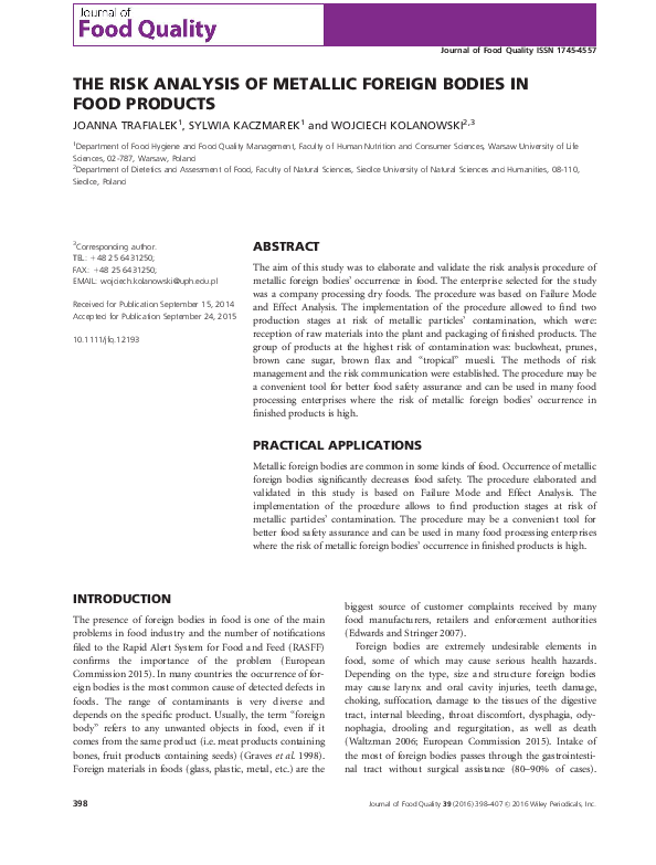 (PDF) The Risk Analysis of Metallic Foreign Bodies in Food Products