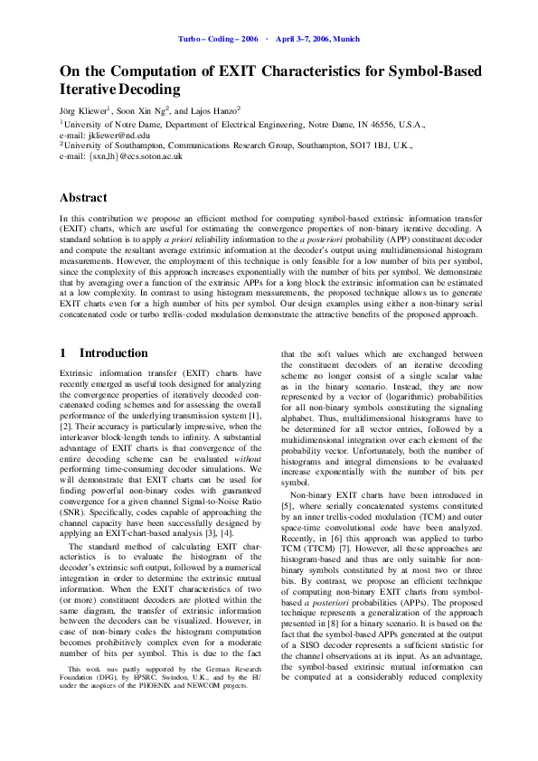 Pdf On The Computation Of Exit Characteristics For Symbol Based Iterative Decoding