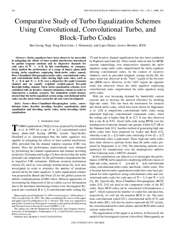 (PDF) Comparative study of turbo equalization schemes using convolutional, convolutional turbo ...