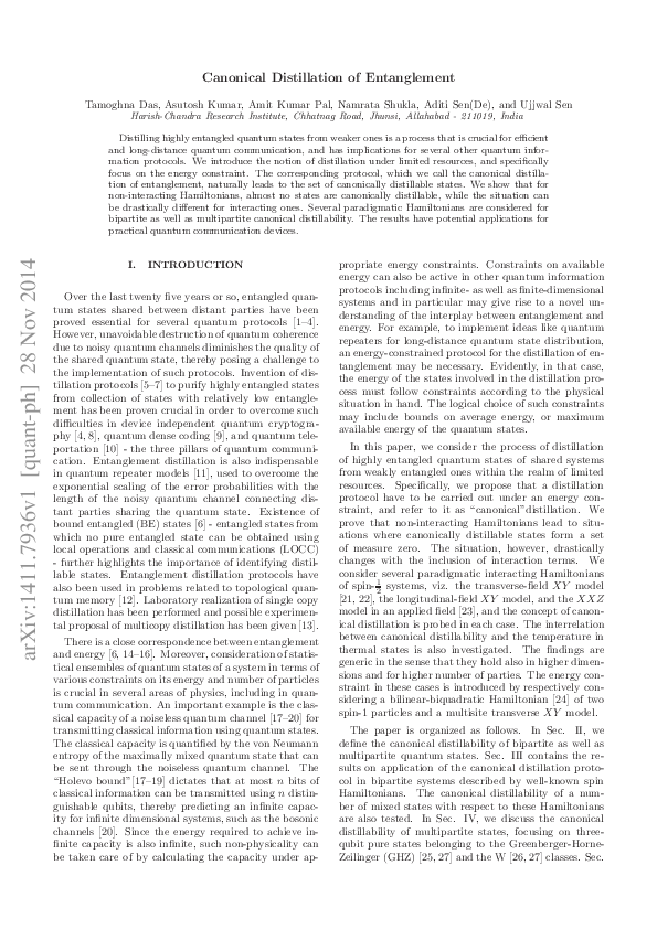 Pdf Canonical Distillation Of Entanglement