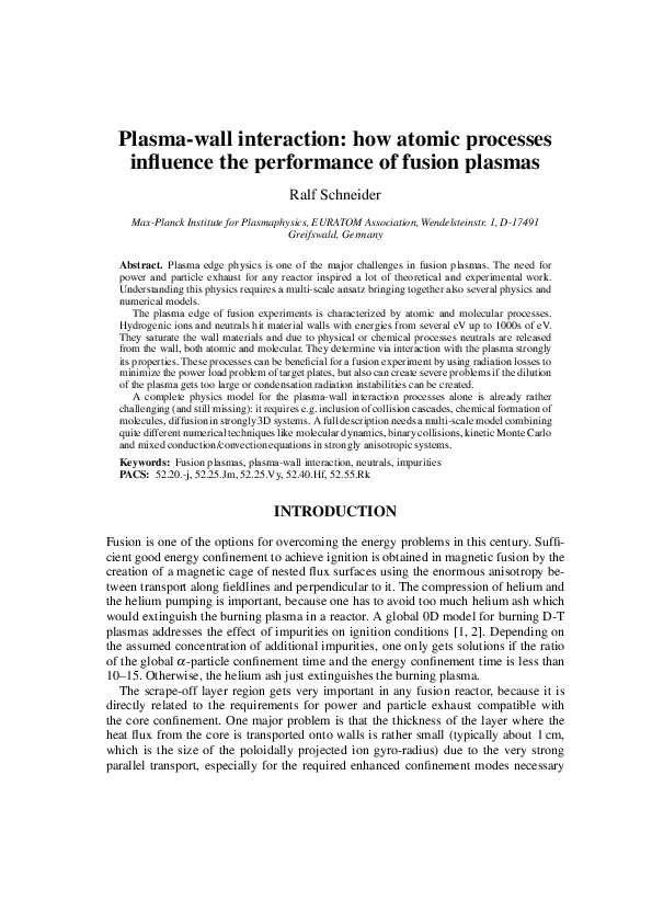 (PDF) Plasma-wall interaction: how atomic processes influence the ...