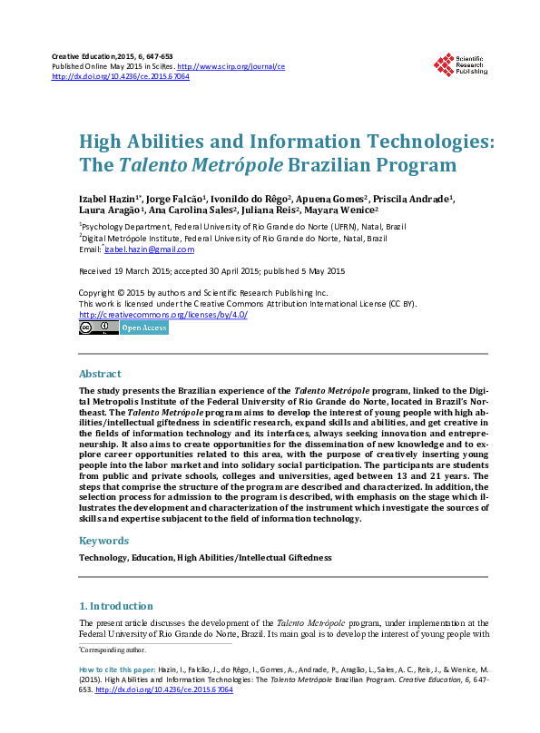 (PDF) High Abilities and Information Technologies: the Talento Metrópole Brazilian Program